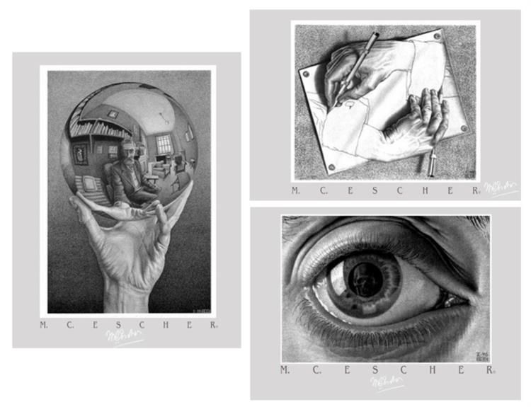 3) EC Escher Prints- Drawing Hands Hand with Globe Eye