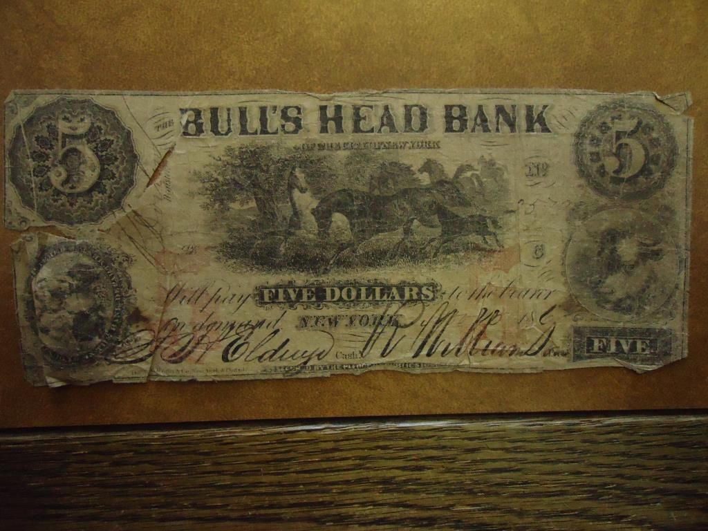 1860 $5 OBSOLETE BANK NOTE BULLS HEAD BANK