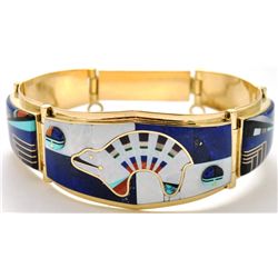 Navajo Multi-Stone Inlay Bear 14k Gold Link/Cuff Bracelet - Julian Arviso