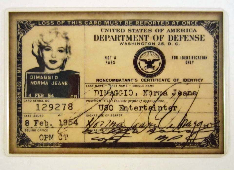 4559 - MARILYN MONROE / NORMA JEANE DIMAGGIO USO ID CARD COLLECTIBLE