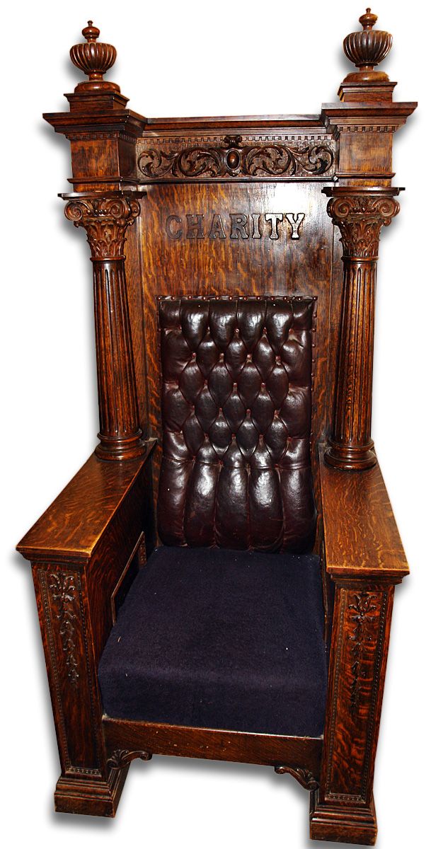 Masonic Lodge solid oak chair with carved CHARITY