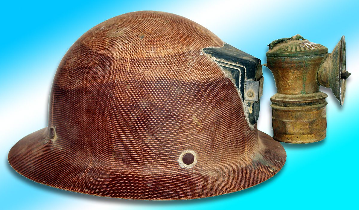 2 items: Mining helmet with carbide lamp ca: 1880's, Original 1909 ...