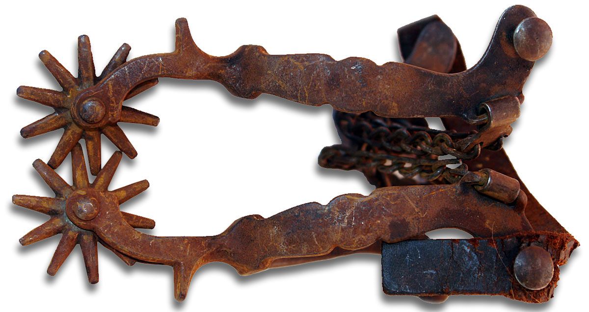 Early Buermann scalloped iron spurs with heel chains, very good condition