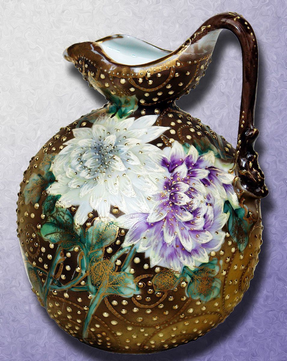 Stunning vintage Nippon, hand painted, gold beaded, pitcher.