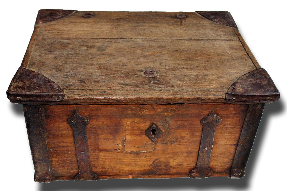 Civil War period wooden strongbox with iron reinforcements