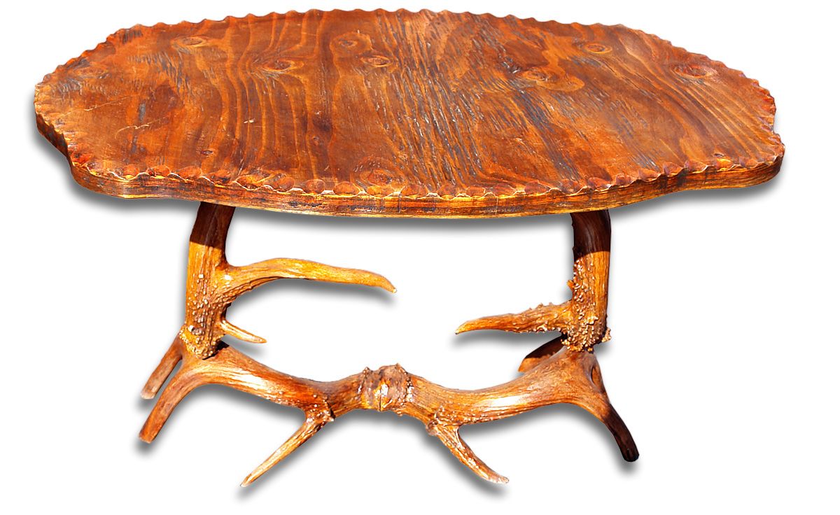 Scalloped edge wood top coffee table with elk horn legs