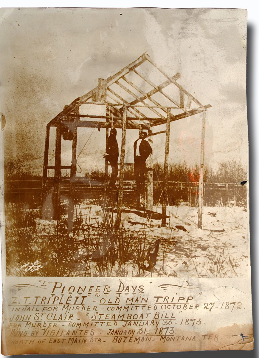 Historic 1873 photo of a double hanging in Bozeman Montana Territory