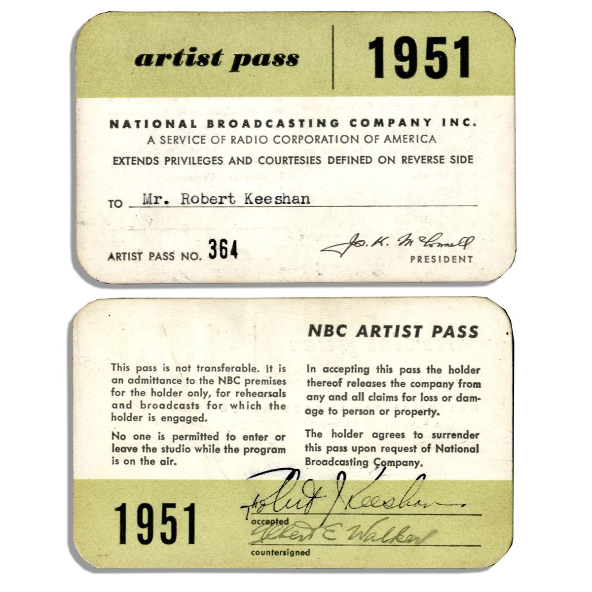 Bob Keeshan Signed 1951 NBC Artist Pass -- From His Days on ''Howdy Doody''