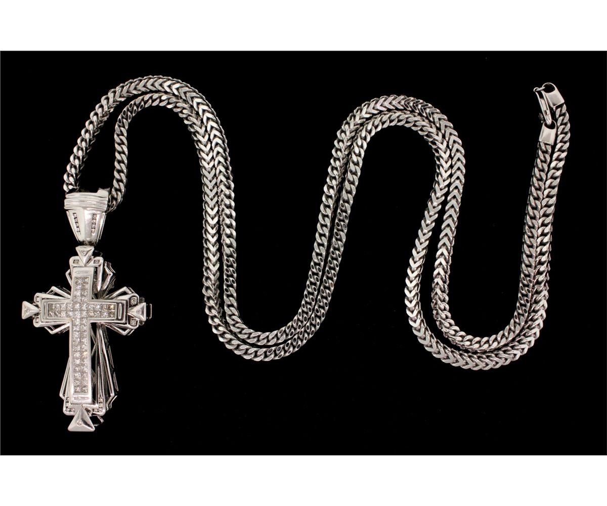 PENDANT: Gents 14kw "invisible" set diamond cross pendant; 50 sq prin ...