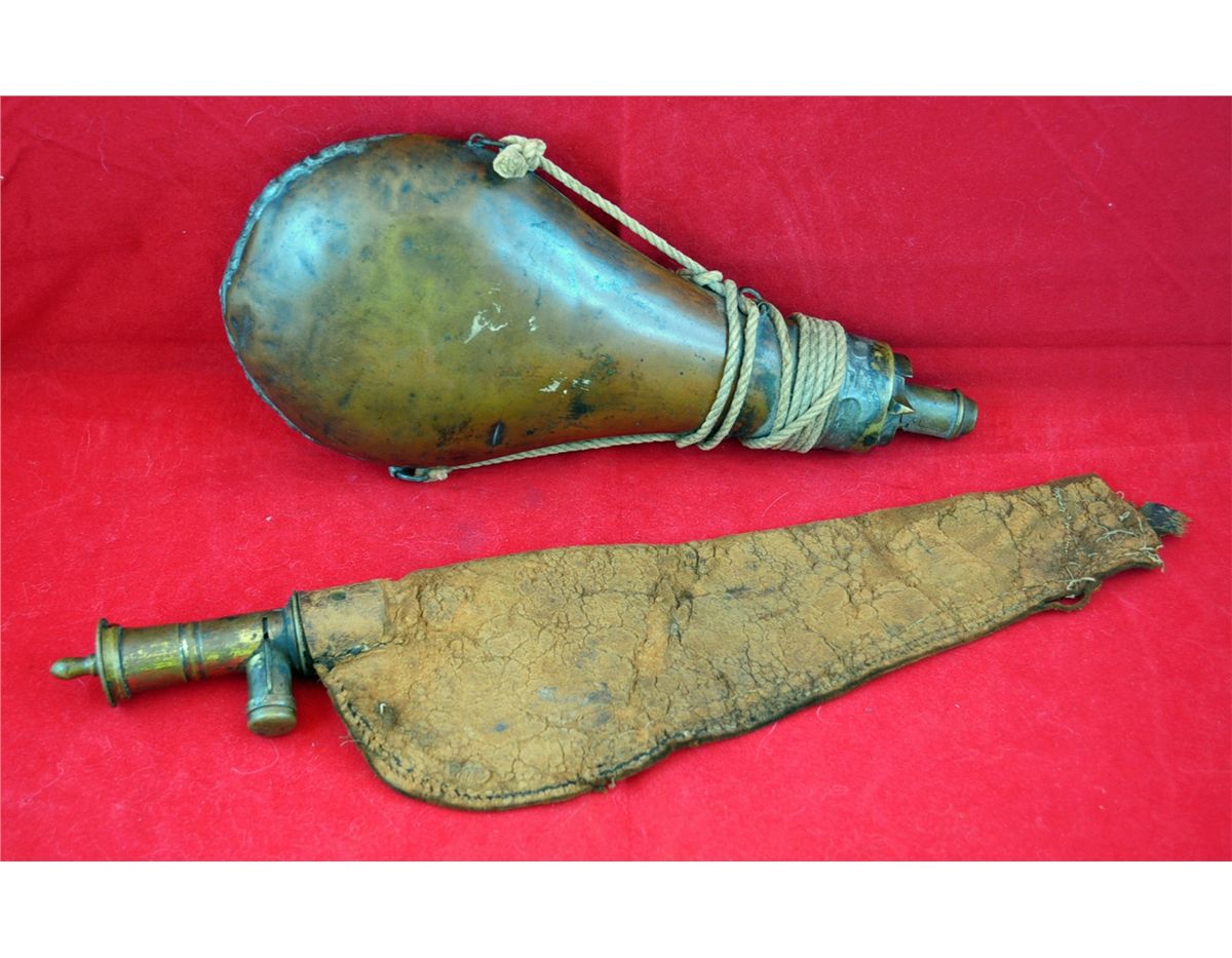 Brass Civil War Era, Black Powder Flask & Shot Pouch