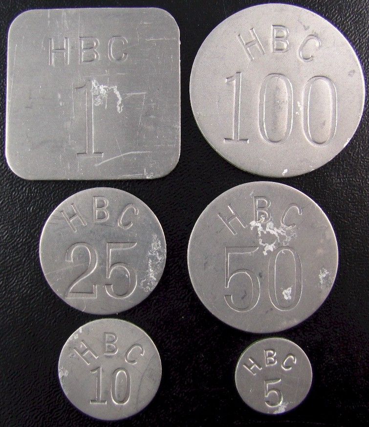 Tokens; Hudson Bay Aluminum Token Set; Includes 1, 5, 10, 25, 50 & 100 ...