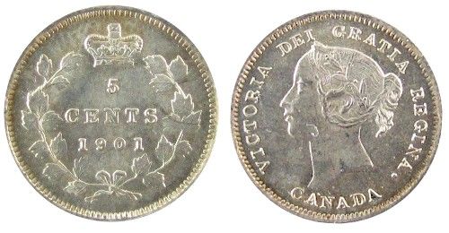 1901 5¢ ICCS MS65, lustrous white with gold rim. A lovely Gem example.