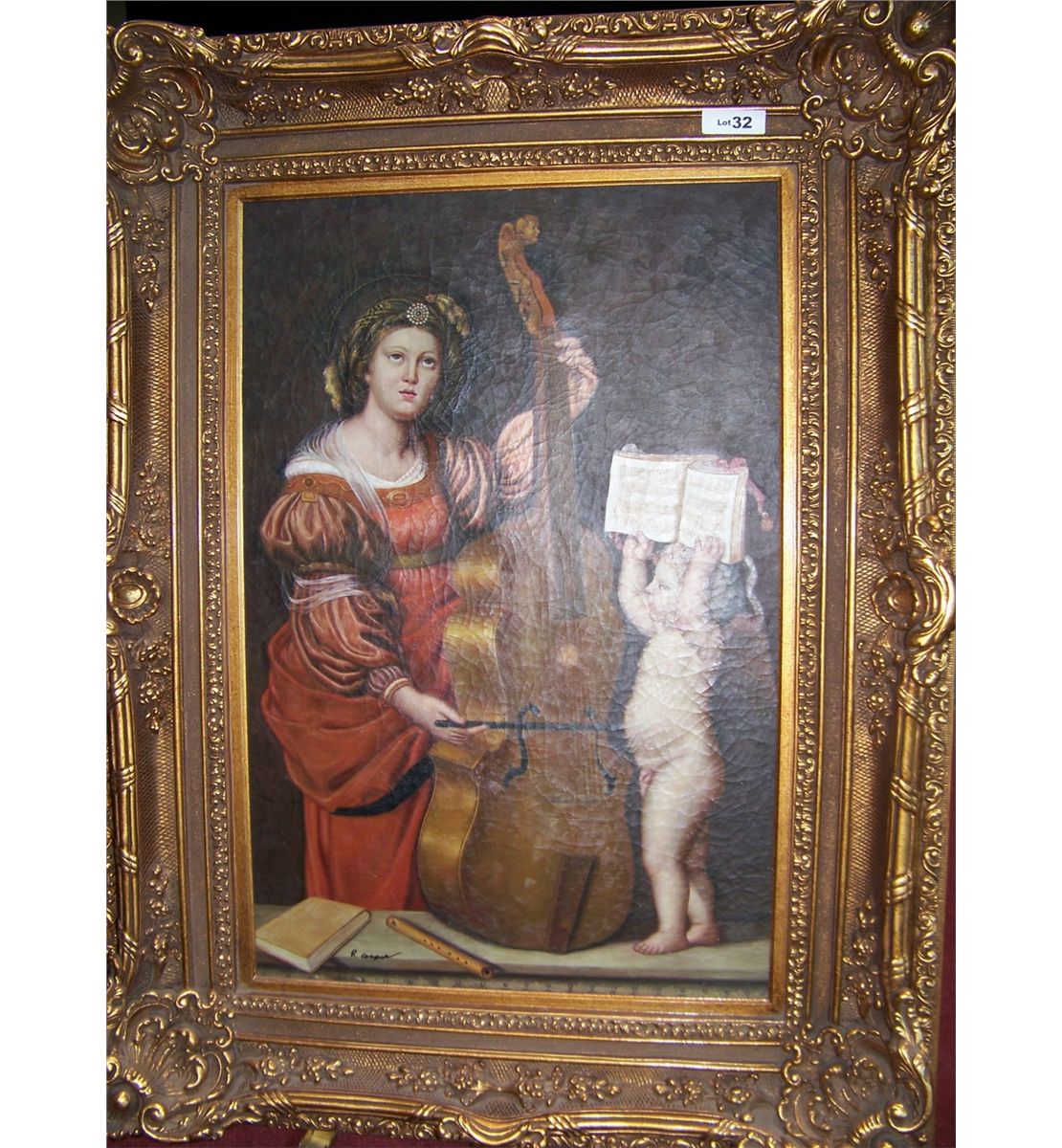 ANTIQUE STYLE OIL ON CANVAS FRAMED PAINTING R. CASPER " SAINT PLAYING ...