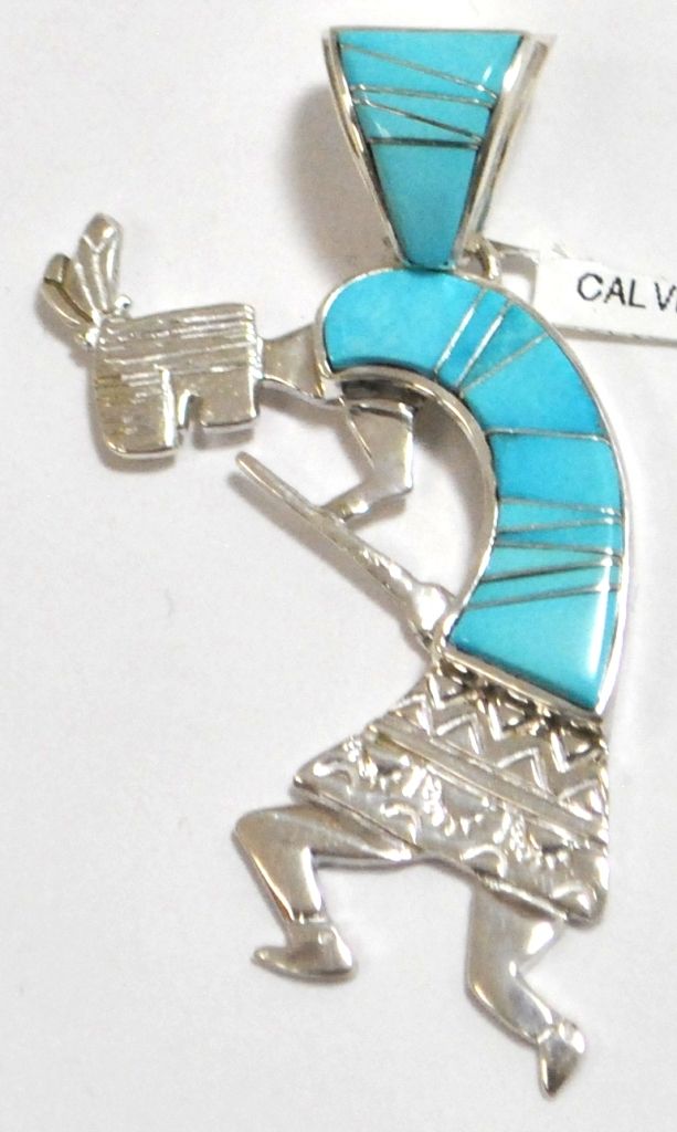 Navajo Turquoise Inlay Sterling Silver Kokopelli Pendant - Calvin Begay