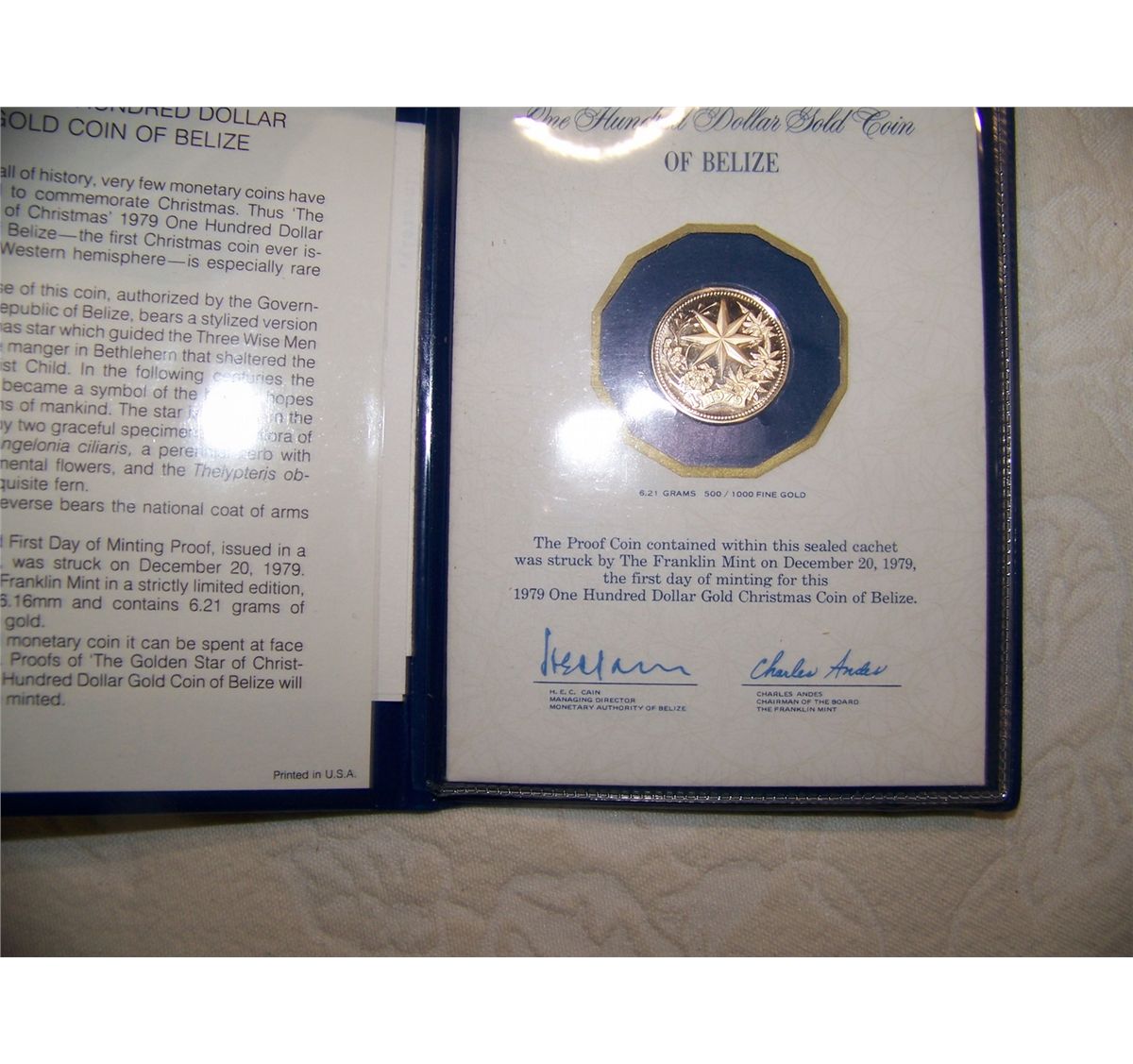 1979 ONE HUNDRED DOLLAR GOLD COIN OF BELIZE 6.21 GRAMS OF 500/1000 FINE ...