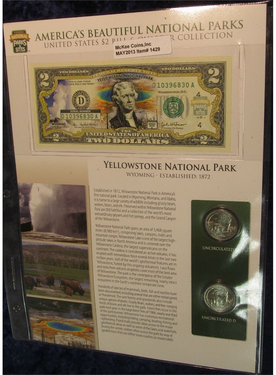 1429. Colorized Yellowstone National Parks $2.00 Note & 2 Quarters.
