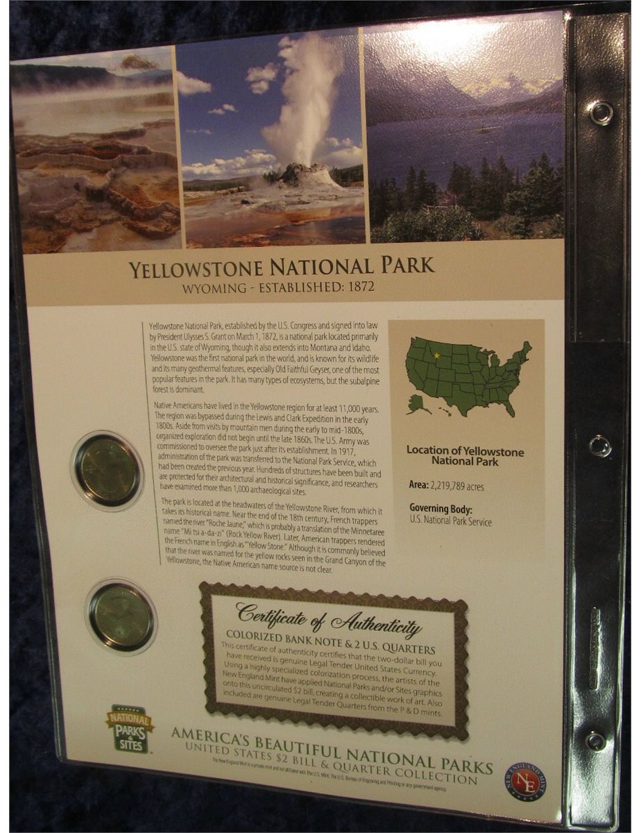 1429. Colorized Yellowstone National Parks $2.00 Note & 2 Quarters.