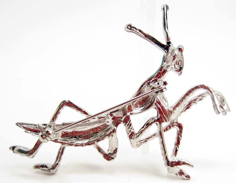 PRAYING MANTIS / GRASSHOPPER BROOCH PIN - ENAMEL & RHINESTONE