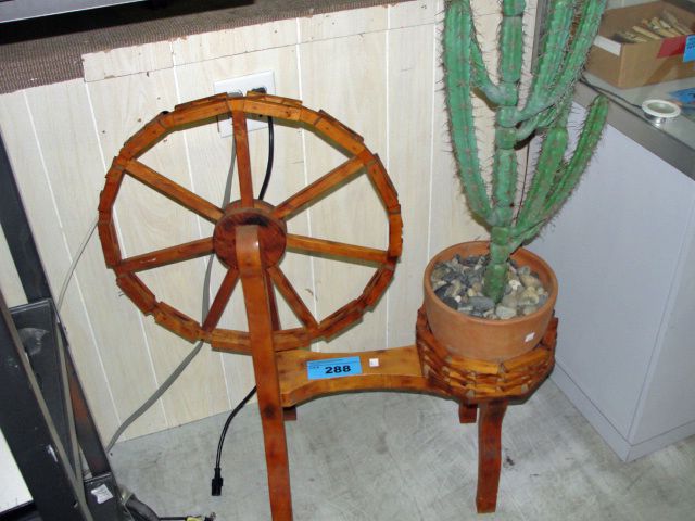 Hand crafted wooden spinning wheel plant stand