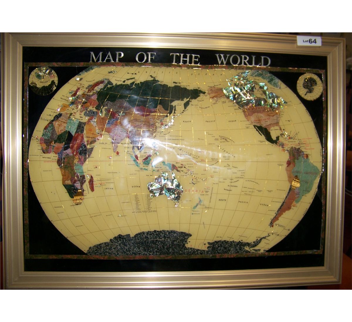 "MAP OF THE WORLD" GEMSTONE INLAY FRAMED MAP