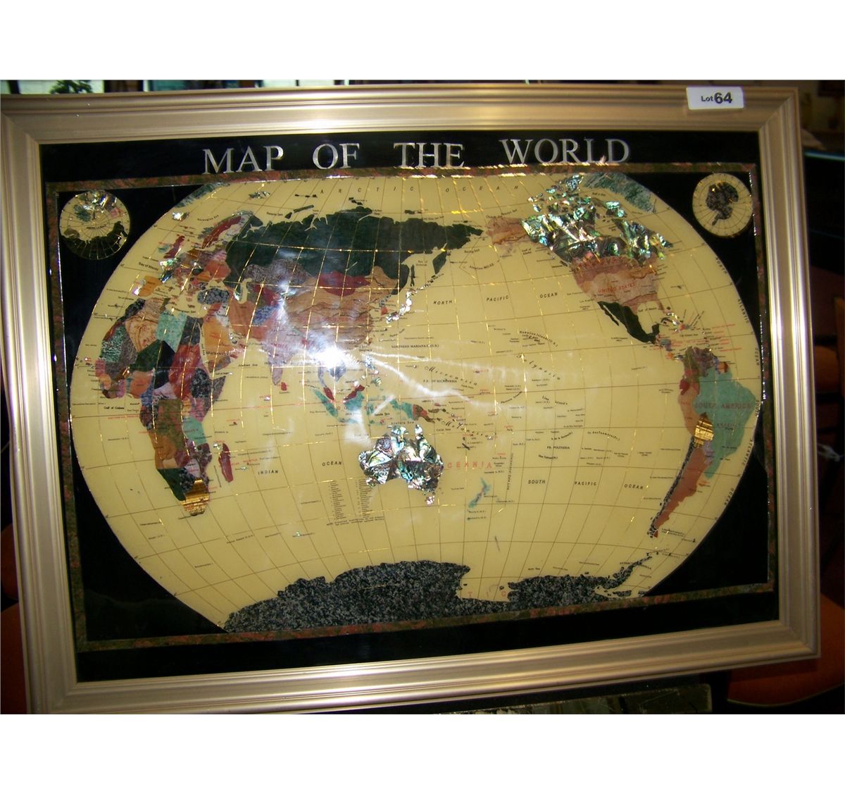 "MAP OF THE WORLD" GEMSTONE INLAY FRAMED MAP