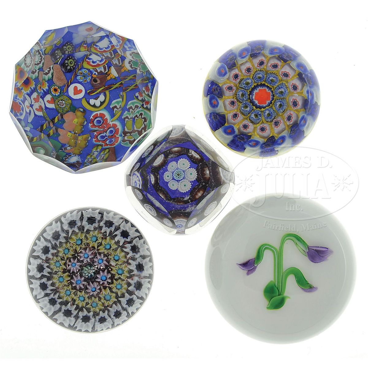 FIVE MINIATURE PAPERWEIGHTS.