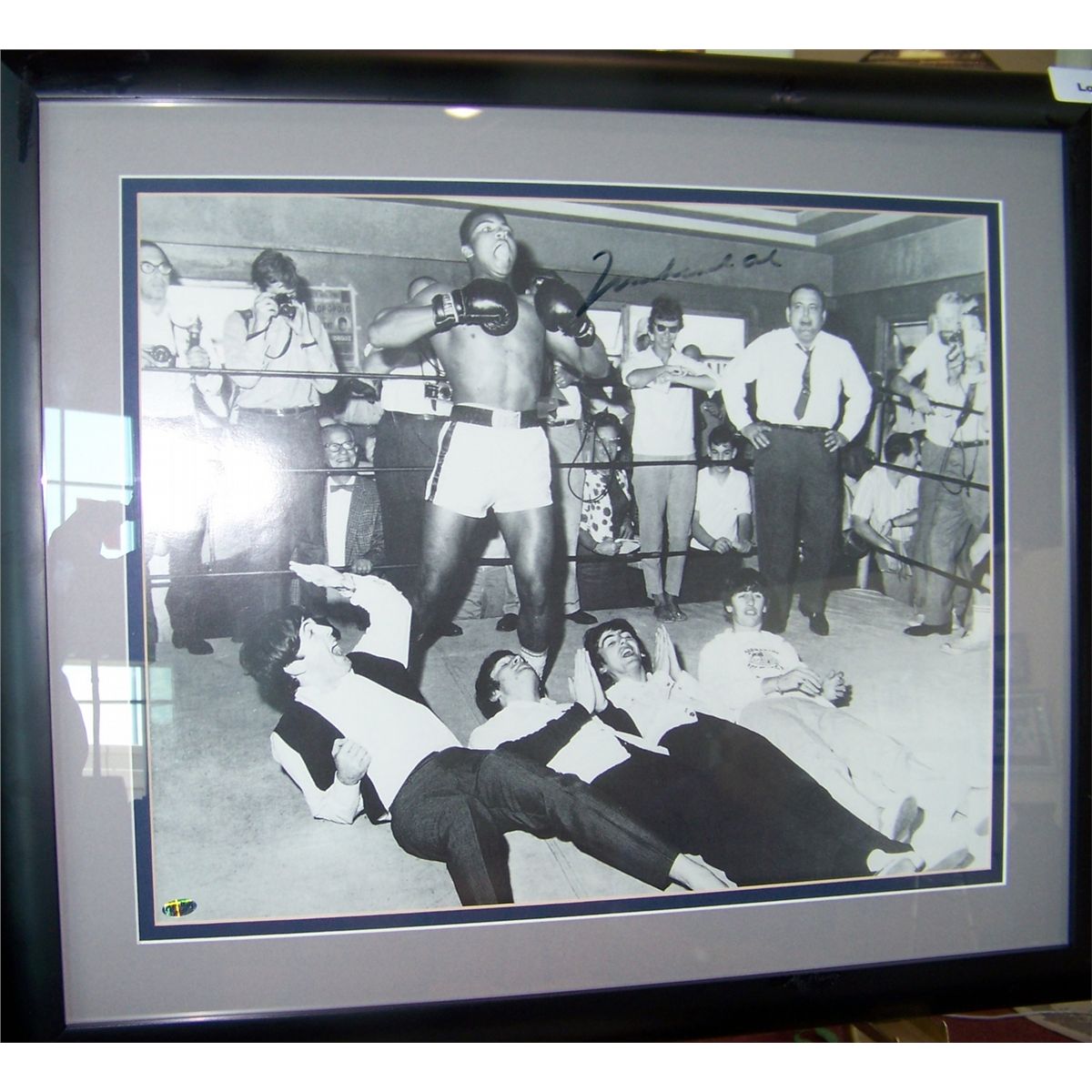 RARE MUHAMMAD ALI SIGNED BLACK & WHITE PHOTOGRAPH WITH THE BEATLES