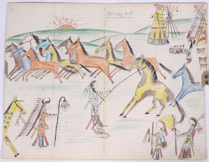 Sioux Indian Horses Ledger Drawing 1912-1930's