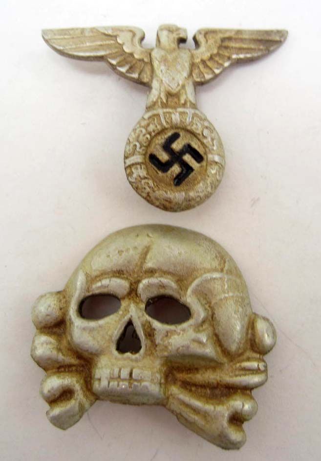 SET OF 2 GERMAN NAZI TOTENKOPF CAP BADGES