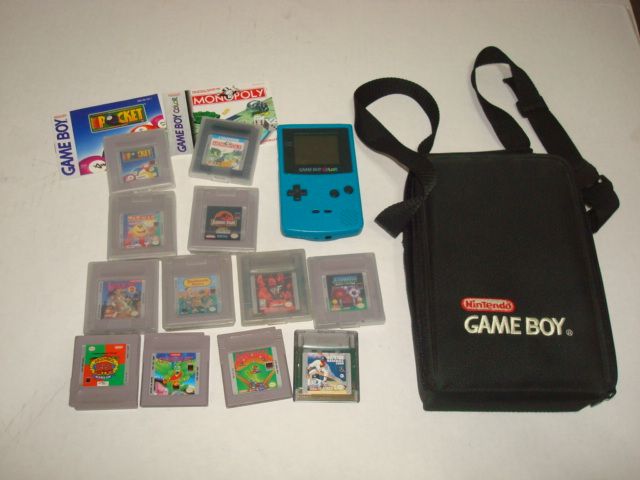 Nintendo Gameboy Color Teal Blue System Handheld With 12 Games & carry case