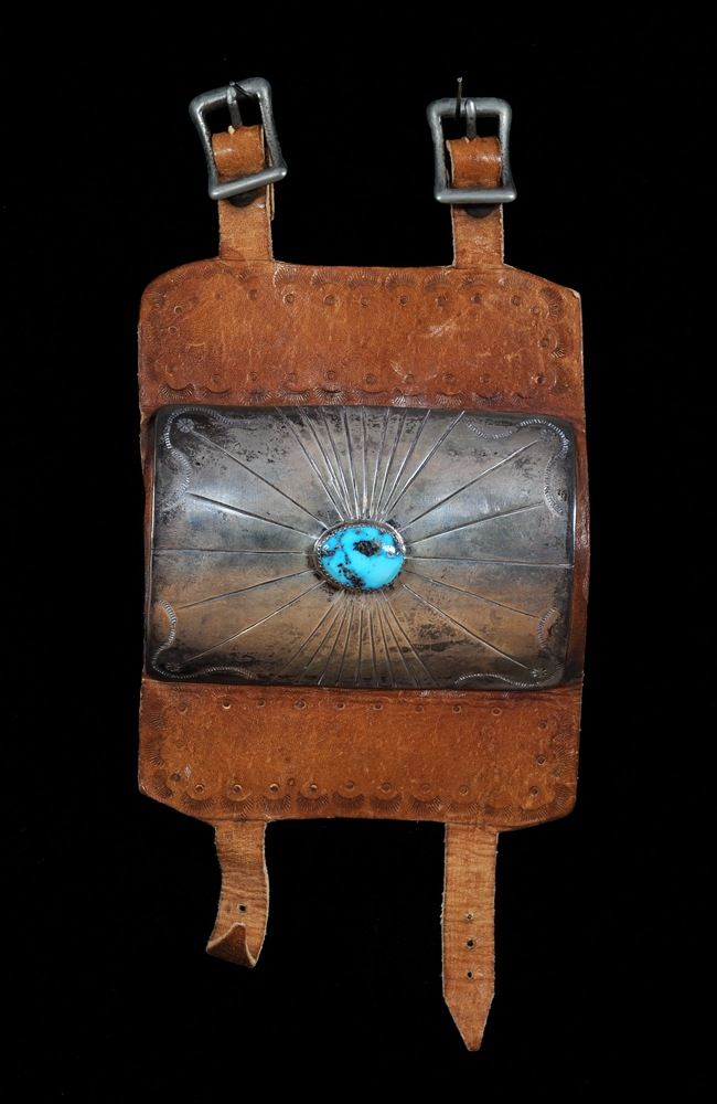 Navajo Silver and Turquoise Bow Guard (Ketoh) with Hand Tooled Leather ...