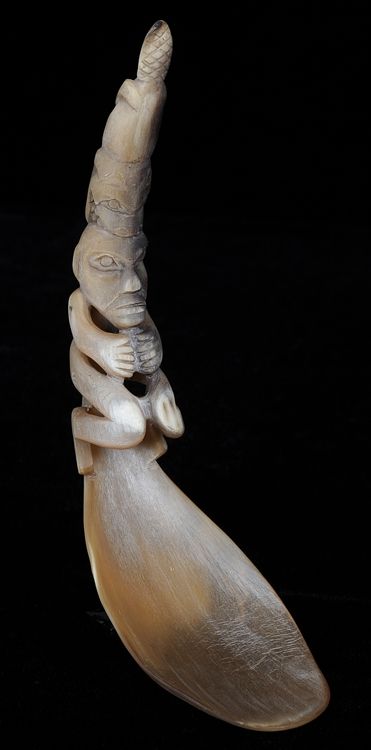 Haida Horn Spoon with Carved Beaver and Human Handle 8 1/2" L. 2 1/4" W ...