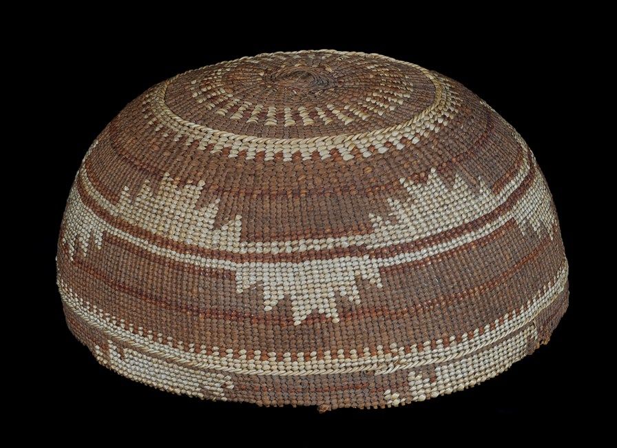 Hupa Hat with Geometric Design 7 1/4" D. 3 3/4" H. Good Condition