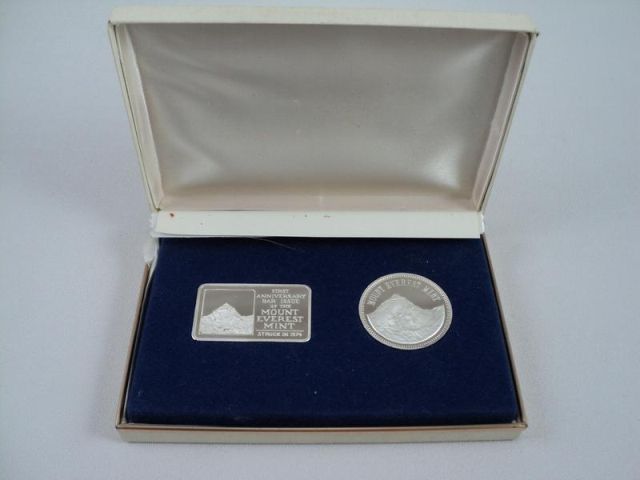 2 - Ounces Silver, (1) 1974 Mount Everest Mint Coin, (1) Silver Ingot ...