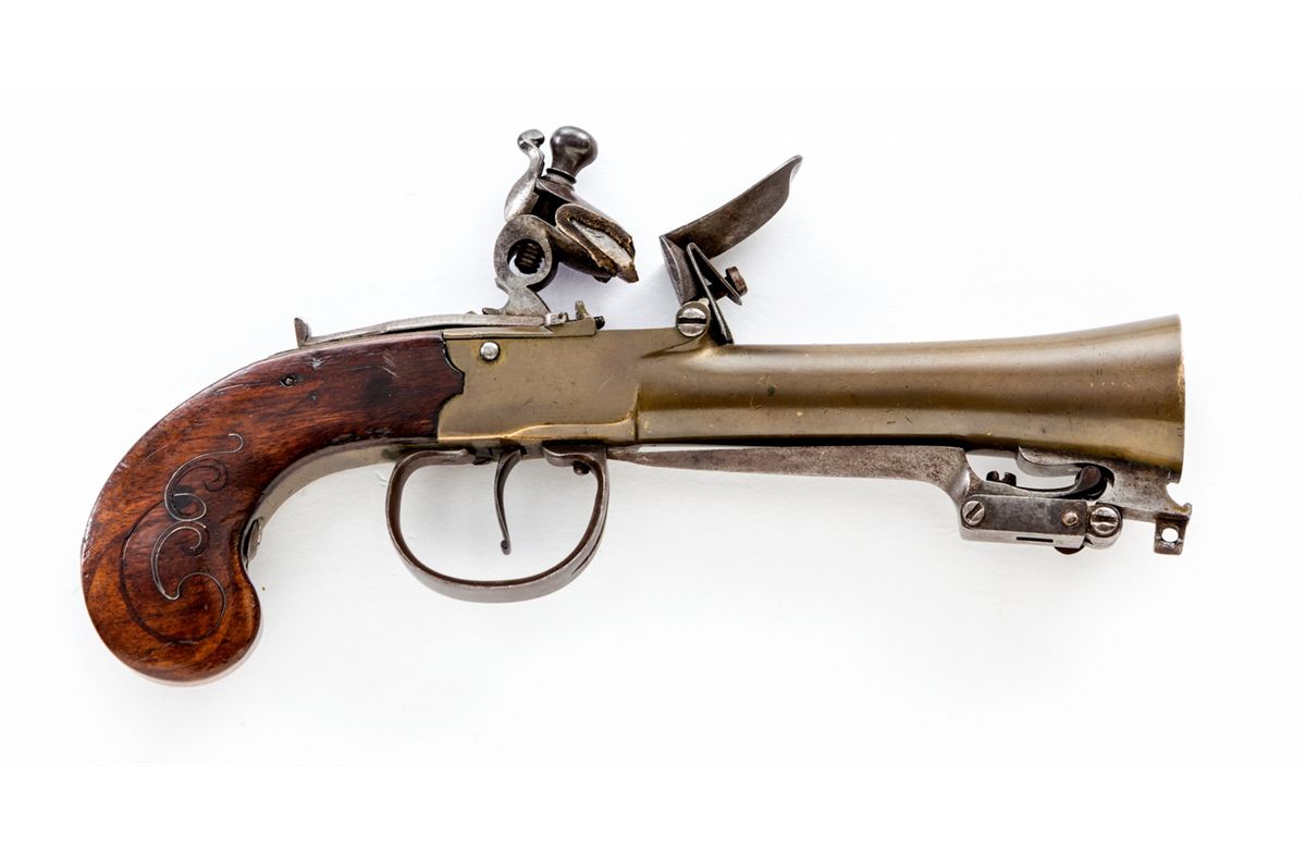 Cont'l Flared Barrel Flintlock Pistol, w/bayonet