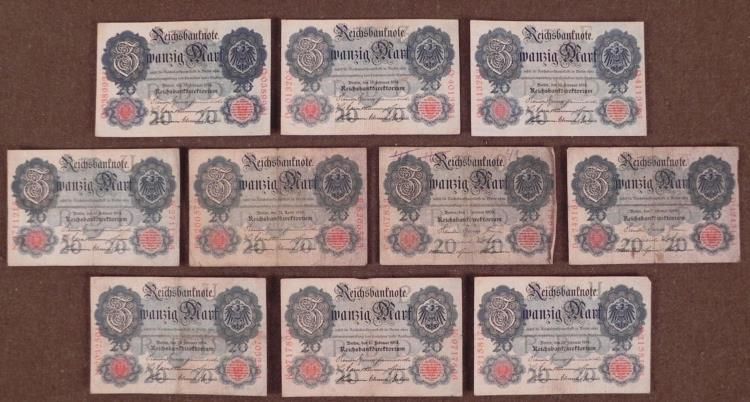 10 GERMAN 20 REICHSMARKS BANK NOTES-EARLY 1900'S
