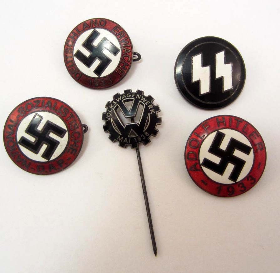 LOT OF 5 GERMAN NAZI POLITICAL AND SS ENAMELED PARTY BADGES