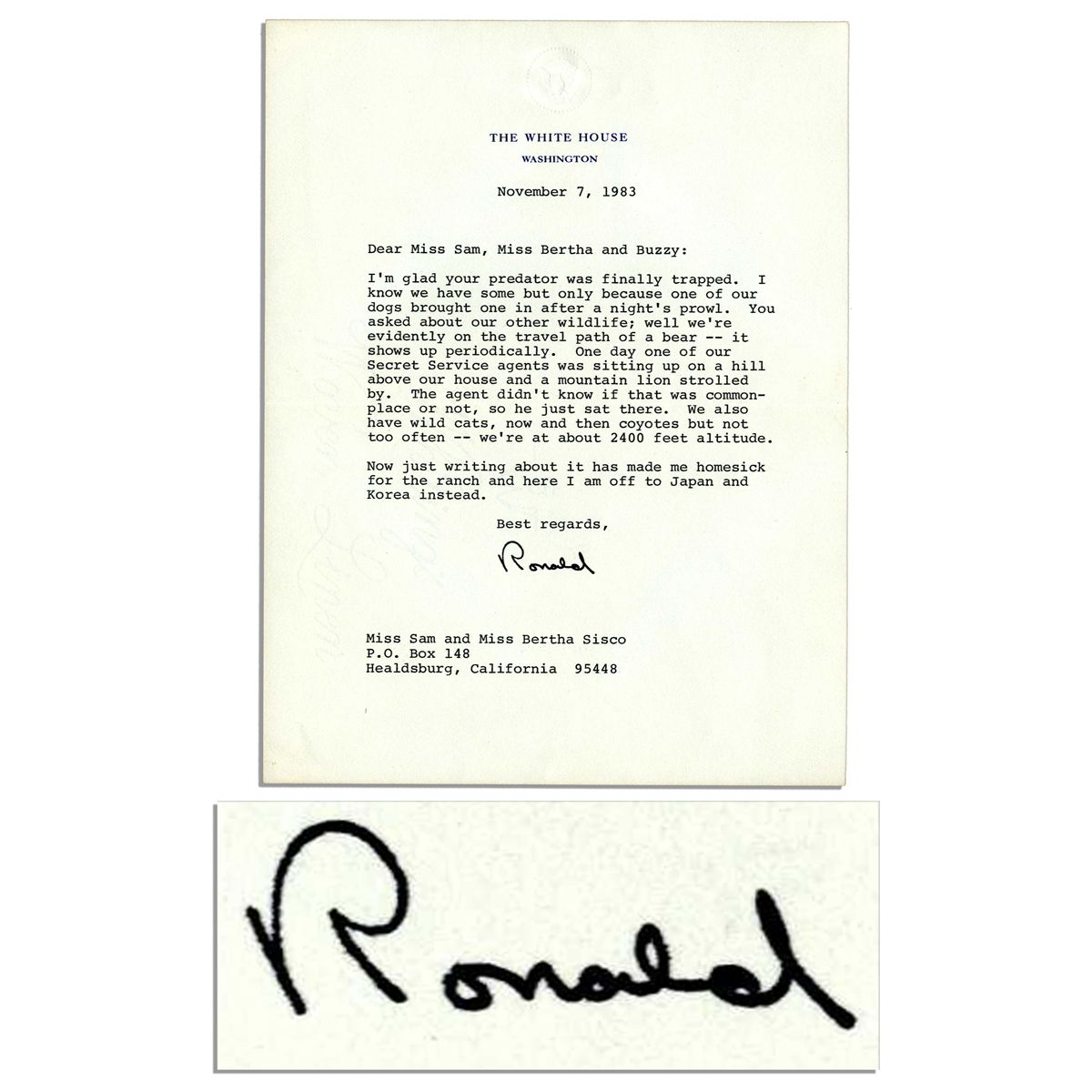 President Ronald Reagan Letter Signed From 1983 -- ''...One day one of ...