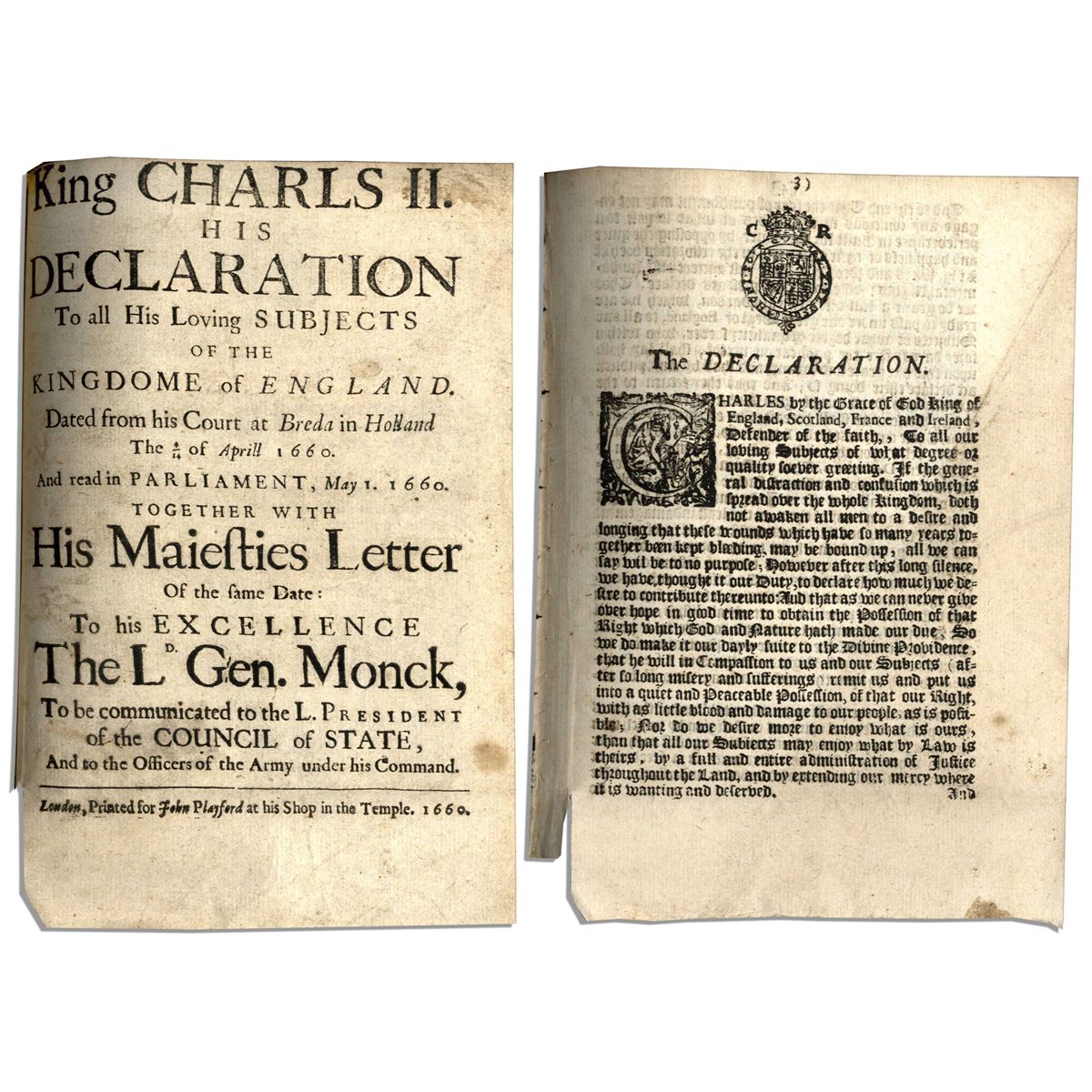 Original 1660 Printing of King Charles II's Famous Declaration of Breda ...