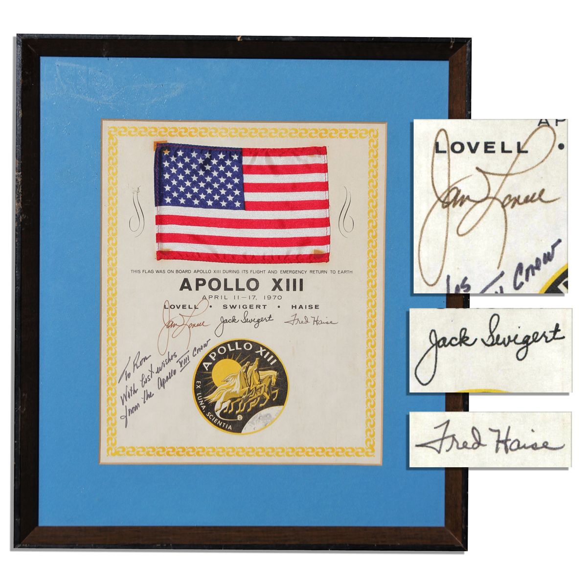 Apollo 13 American Flag Space-Flown -- Affixed to an Official NASA ...