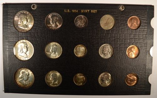 1954 MINT SET 15 COINS, GEM MS-65 IN OLD RAYMOND BOARD! SUPER SET