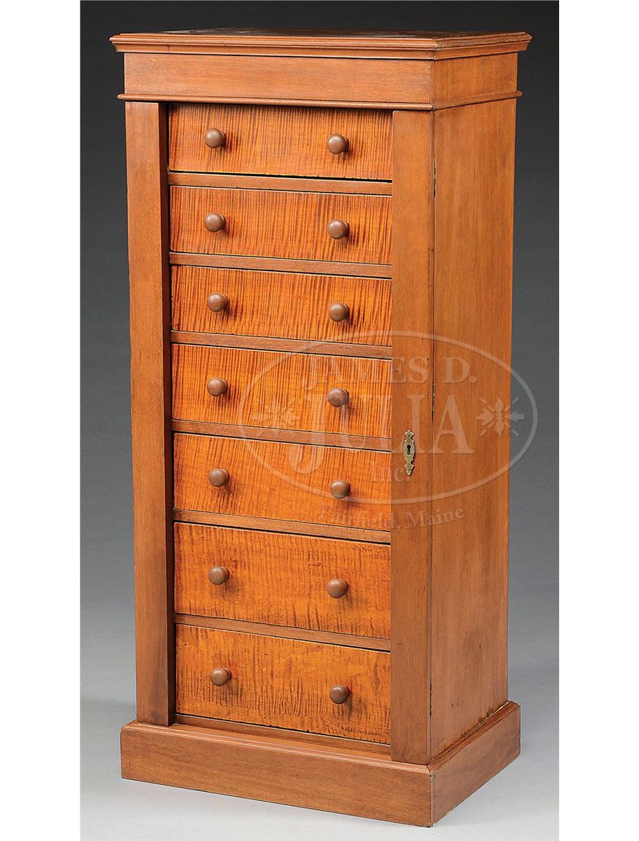 MAHOGANY & CURLY MAPLE LOCKSIDE WELLINGTON CHEST.