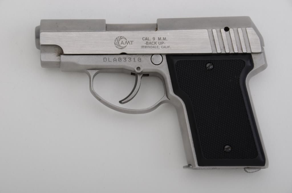 AMT Back Up Model DA semi-auto pistol, 9mm cal., 3” barrel, stainless ...