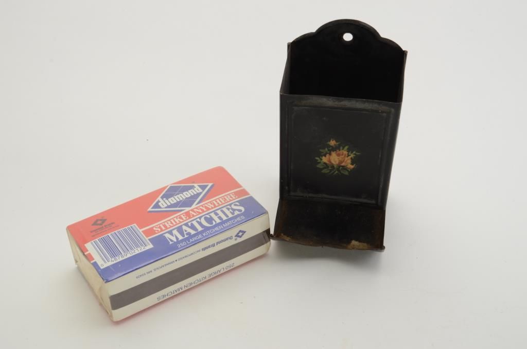 Antique painted metal kitchen matchbox holder with box of wooden ...