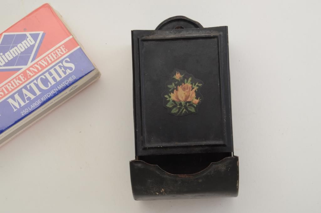 Antique painted metal kitchen matchbox holder with box of wooden ...