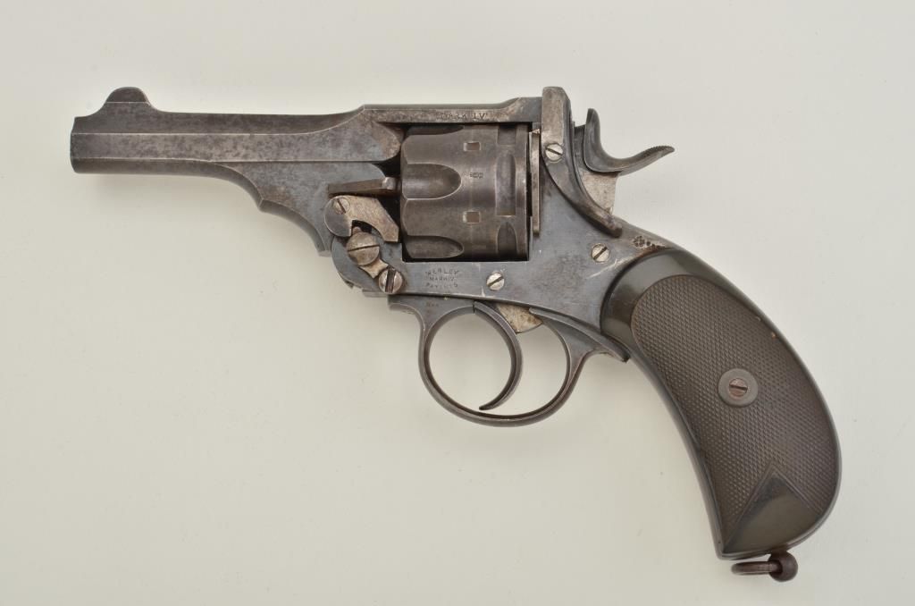 Webley MK IV DA revolver, .44 cal., 4” barrel, blue finish, checkered ...
