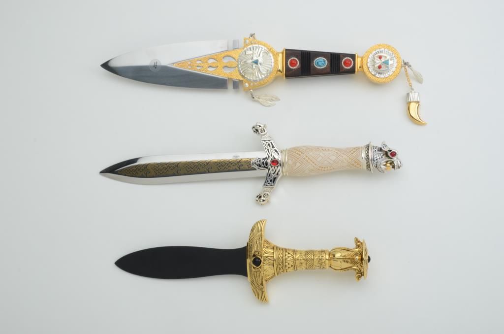 Lot of 3 modern decorative display knives including a beautifully wood ...