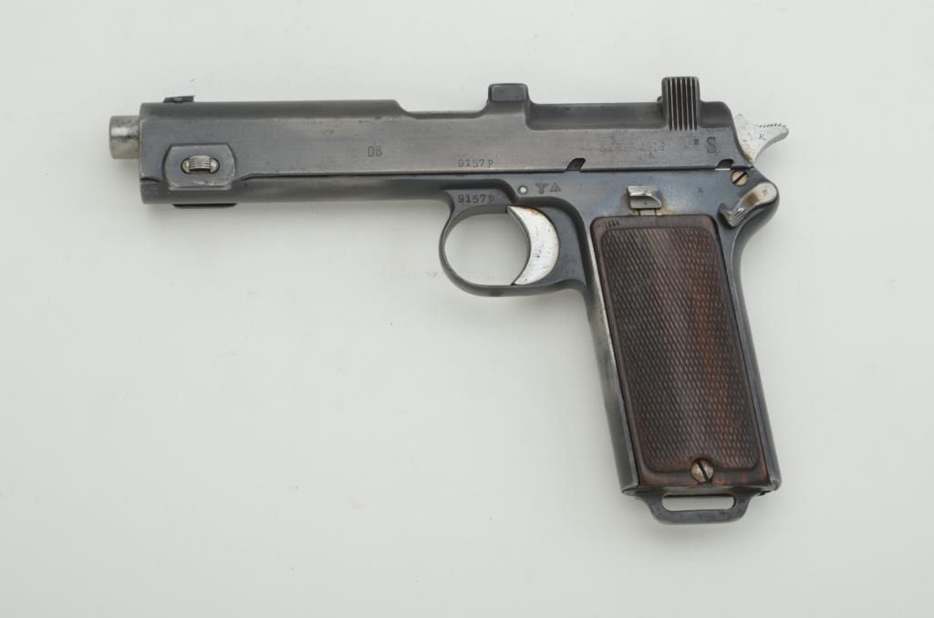 Steyr Hahn Model 1911 P08-marked slide, semi-auto pistol, 9mm cal., 5” barrel, blue finish, checke