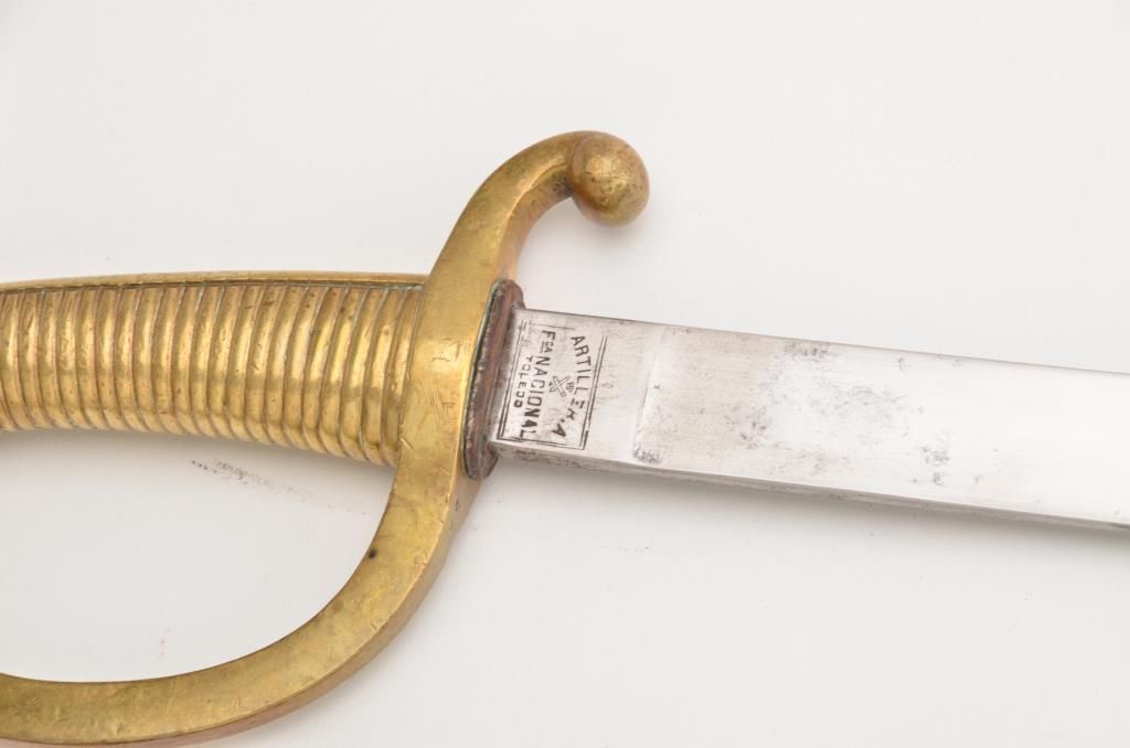 Spanish Artillery sword with leather scabbard and brass throat and drag ...
