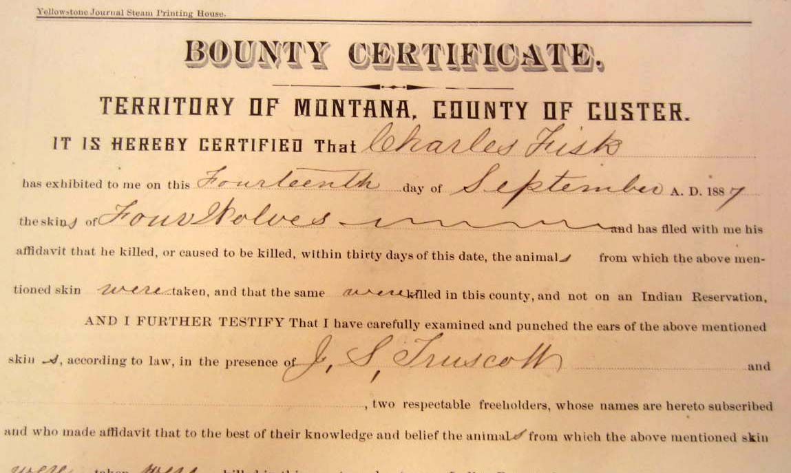 1887 TERRITORY OF MONTANA BOUNTY CERTIFICATE FOR KILLING 4 WOLVES
